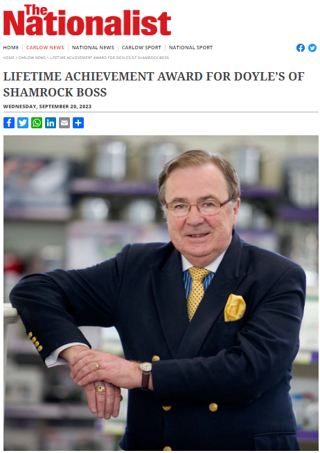 Topline Doyles.LIFETIME ACHIEVEMENT AWARD FOR DOYLE’S OF SHAMROCK BOSS